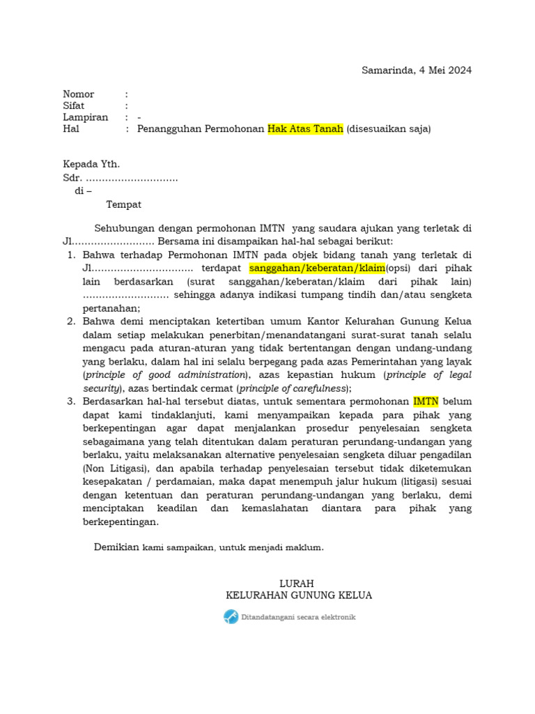 Konsep Surat Keberatan Penerbitan Hak | PDF