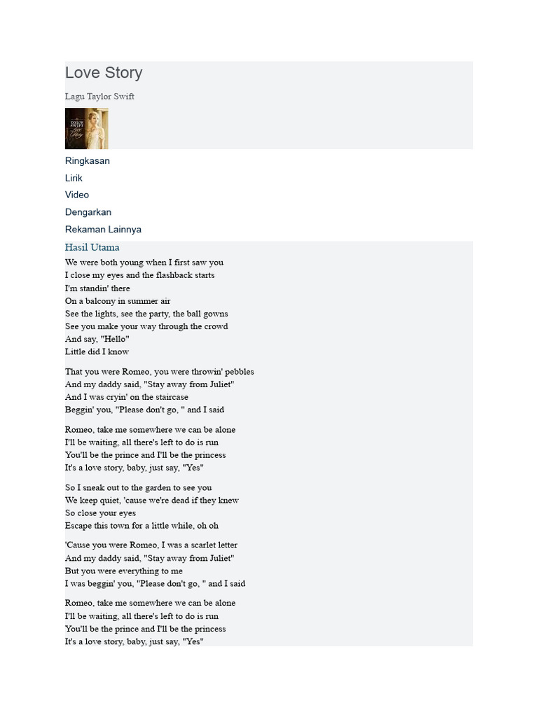 Taylor Swift's Love Story Lyrics Summary | PDF