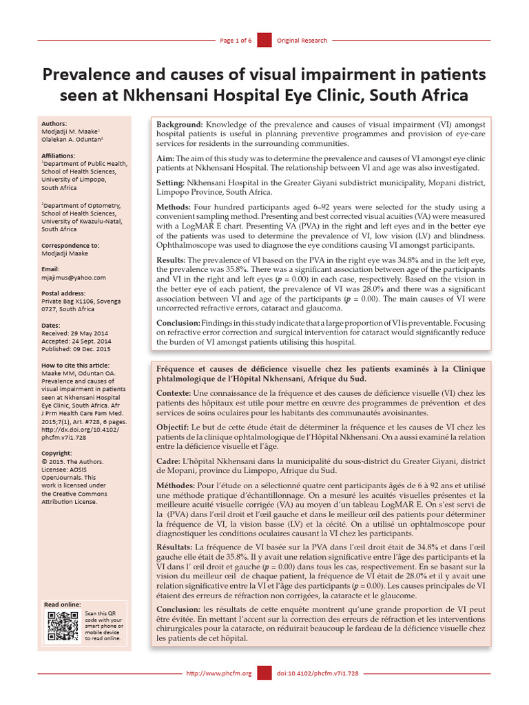 Prevalence and Causes of Visual Impairment in Pati | PDF | Visual ...