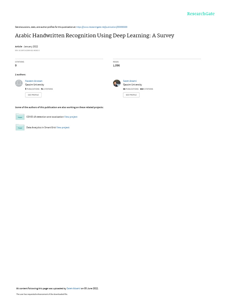 Arabic Handwritten Recognition Using Deep Learning A Survey | PDF ...