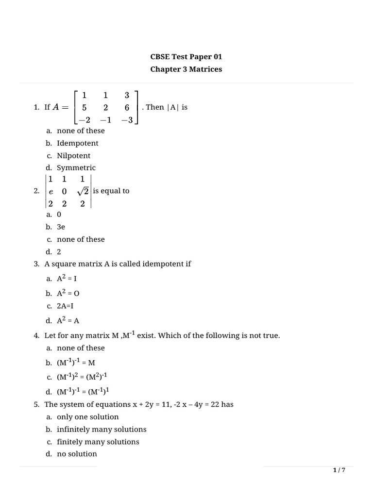 Class 12 Matrices Pdf