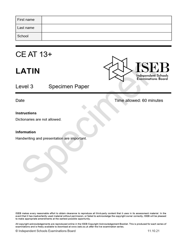 Specimen CE 13 Latin L3 2022 | PDF | Verb | Syntactic Relationships