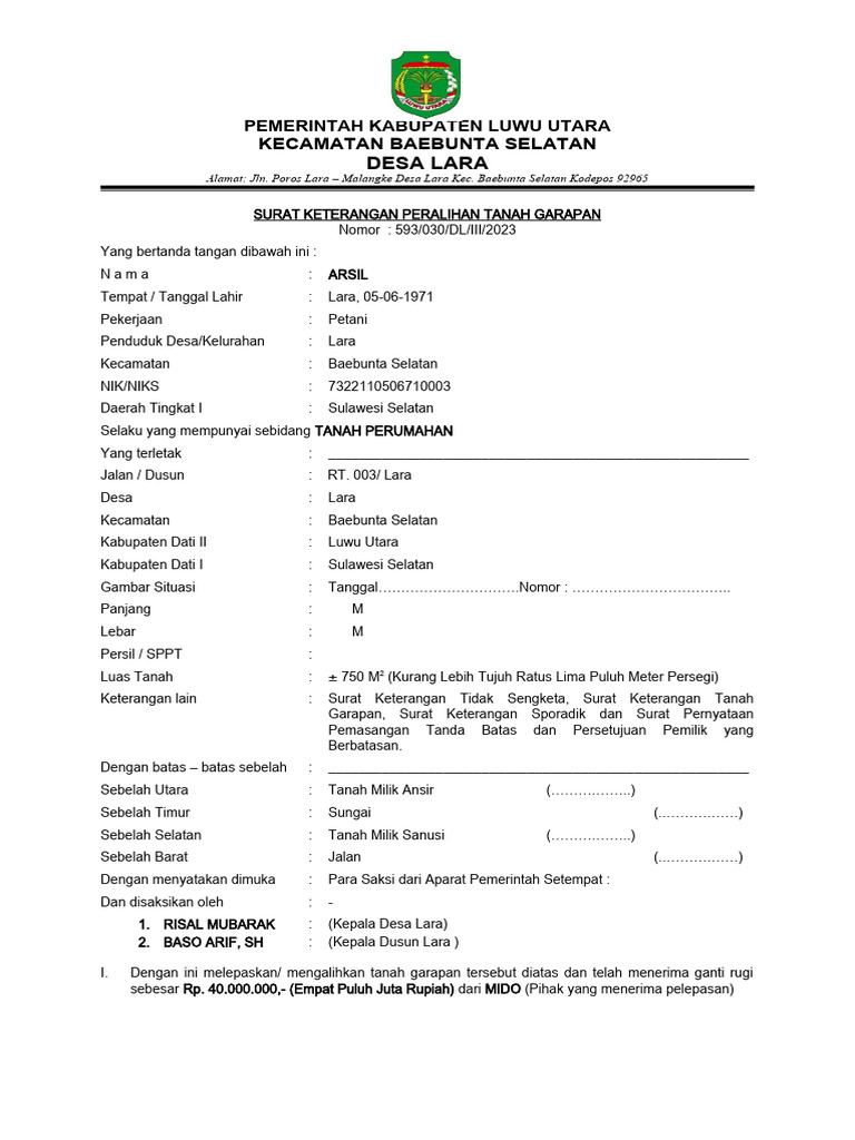 Surat Keterangan Ganti Rugi Garapan Ansir Kamande | PDF
