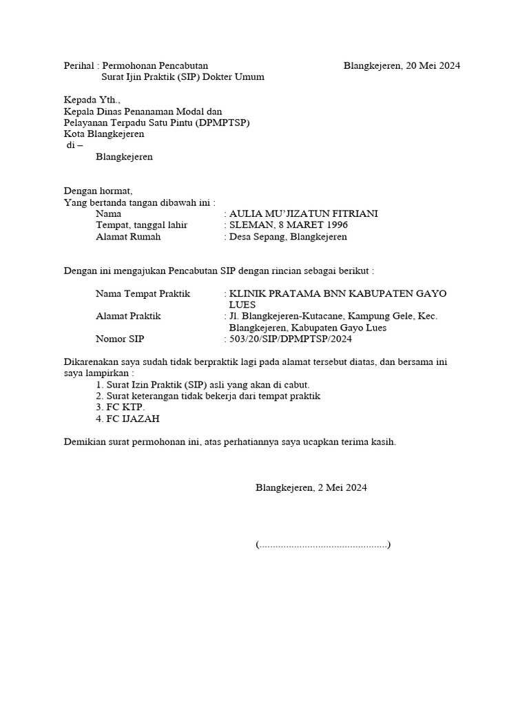 Surat Permohonan Pencabutan SIP DPMPTSP | PDF