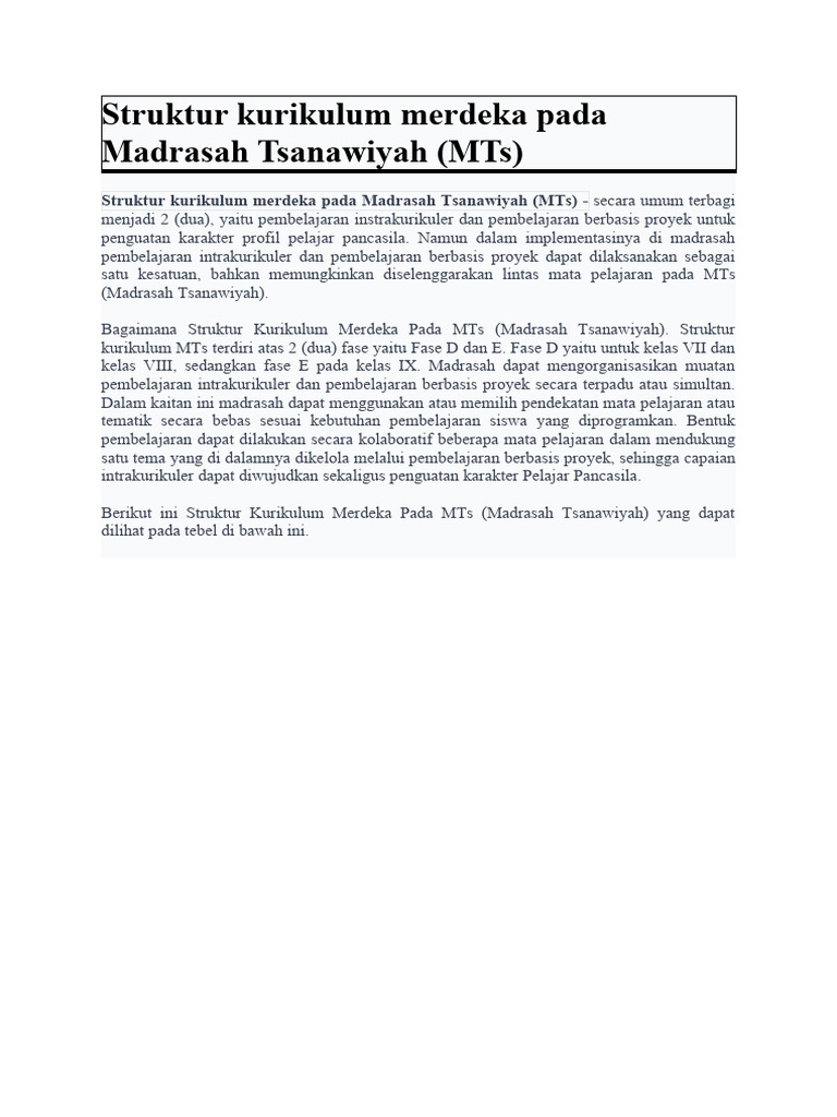 Struktur Kurikulum Merdeka Pada Madrasah Tsanawiyah | PDF