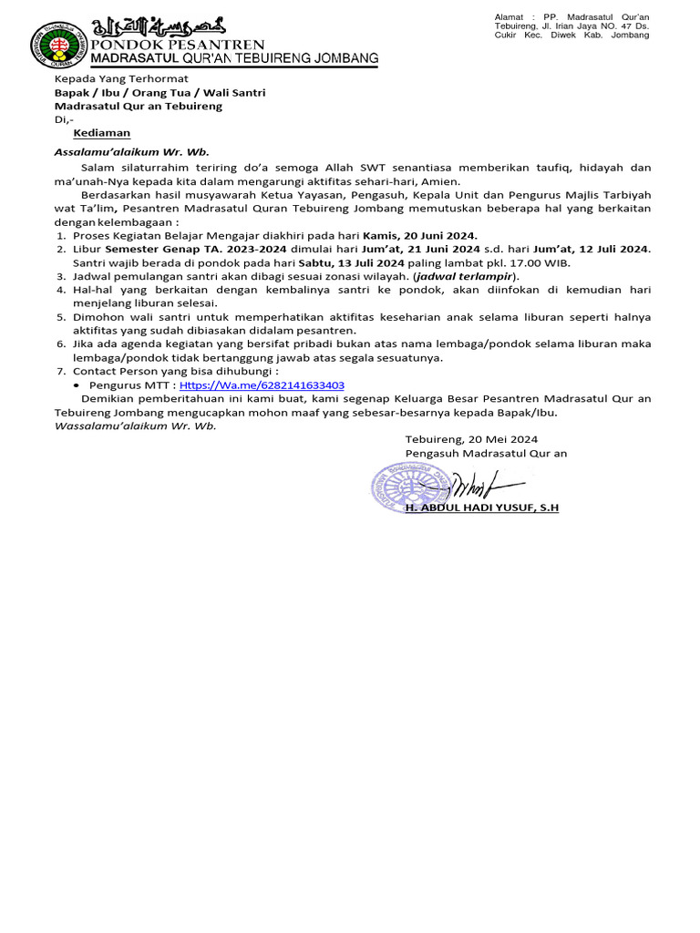 Surat Edaran Libur Semester Genap 2024 | PDF