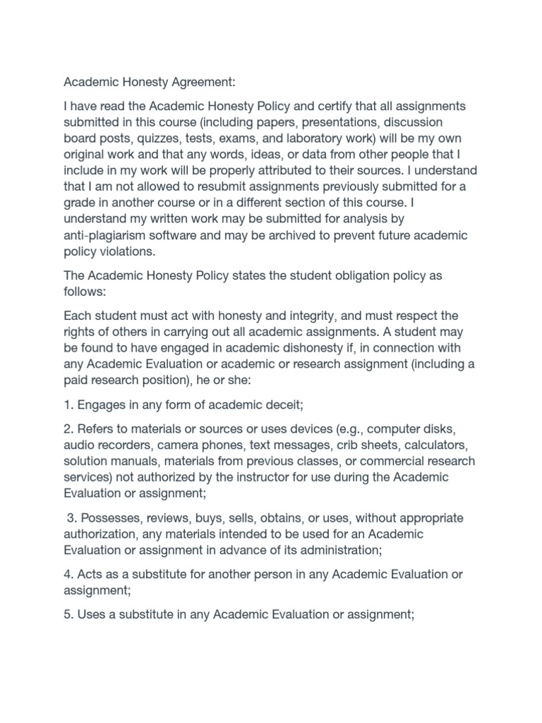 Academic Honesty Agreement | PDF | Academic Dishonesty