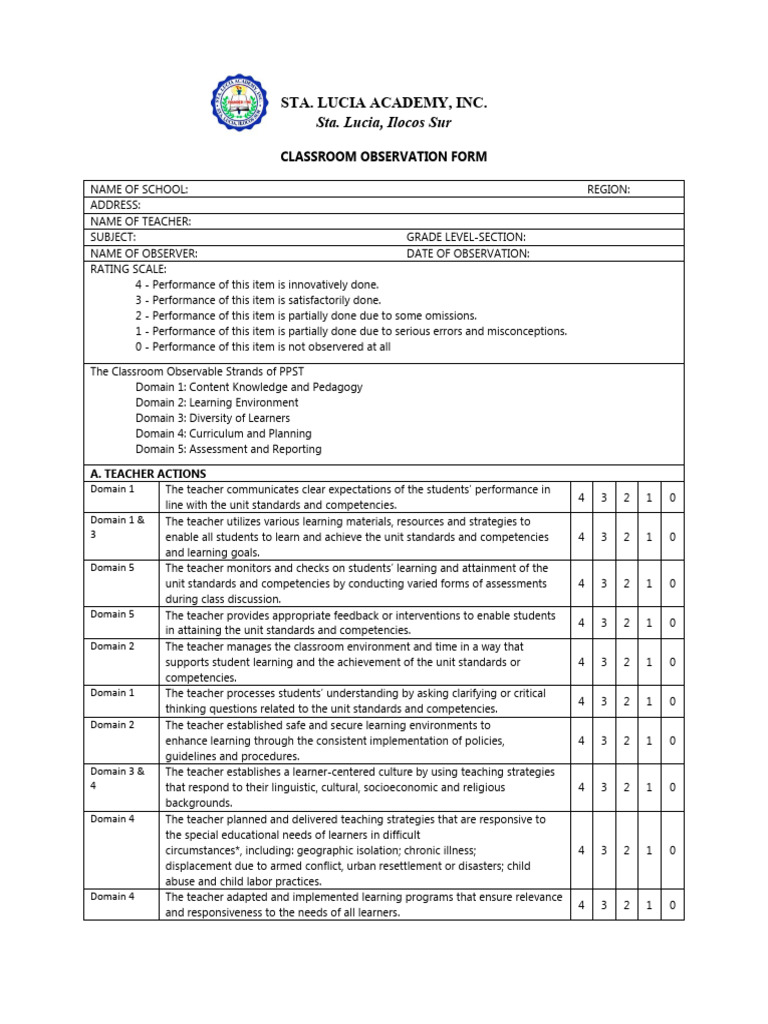 Updated Classroom Observation Tool | PDF | Teachers | Learning