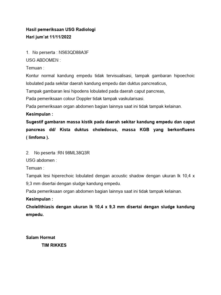 Hasil Pemeriksaan USG Radiologi 11-11-2022 | PDF | Kajian Bahasa Asing ...