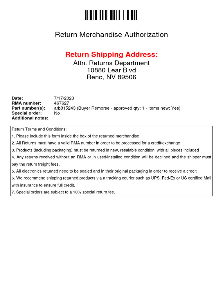 Return Merchandise Authorization | PDF