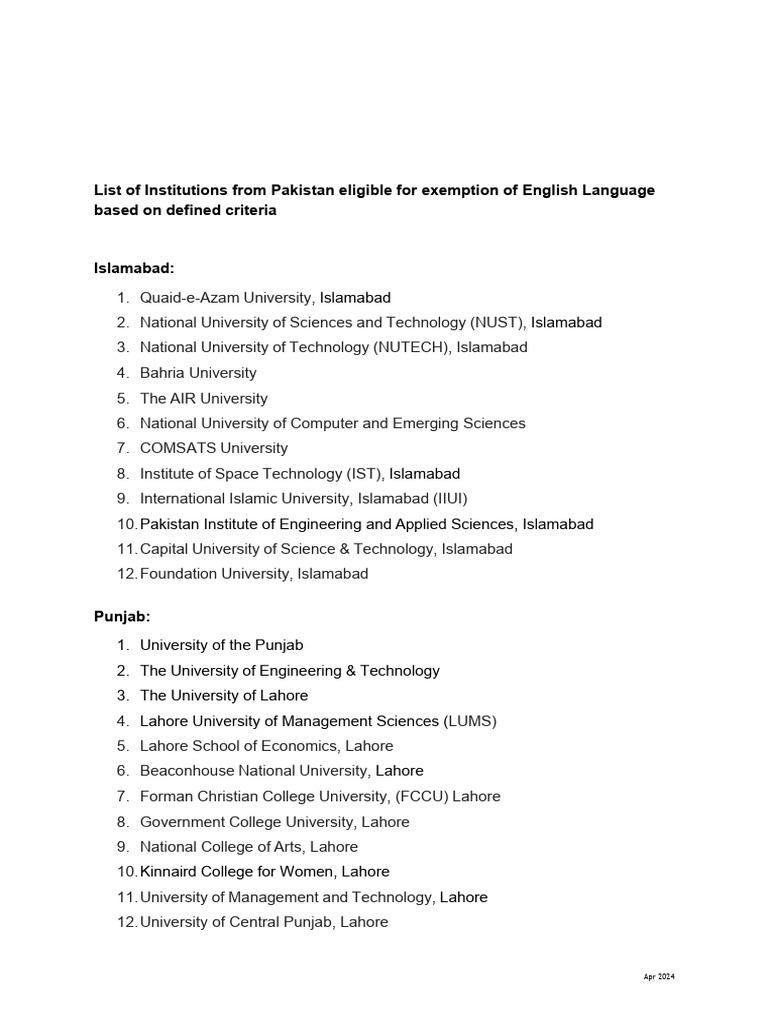 List of Eligible Institutions For MOI - University of Hertfordshire | PDF