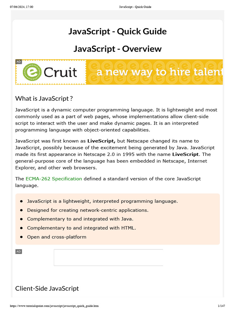JavaScript - Quick Guide | PDF | Dynamic Web Page | Java Script JavaScript - Quick Guide | PDF | Dynamic Web Page | Java Script