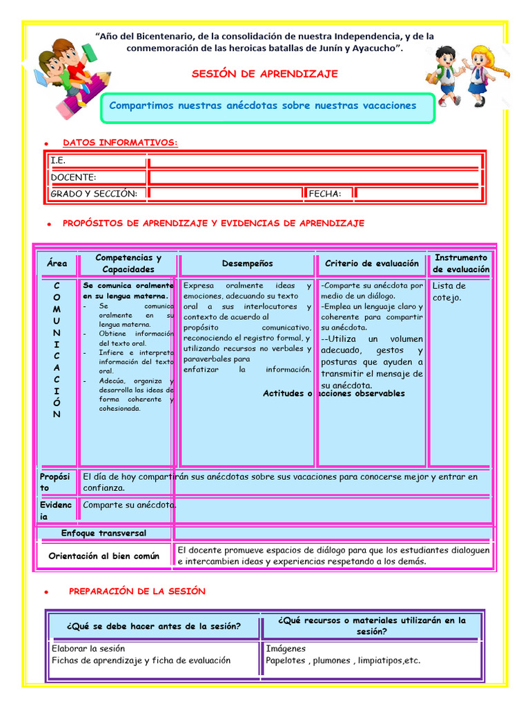 Sesion de Com - Comparto Mi Anecdota Sobre Mis Vacaciones | PDF | Evaluación | Aprendizaje