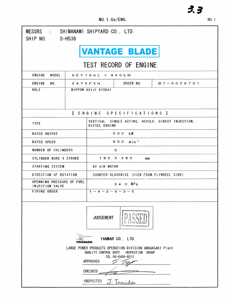 3.3 Main Generator Engine ( Yanmar ) ( Test Record ) | PDF | Diesel ...