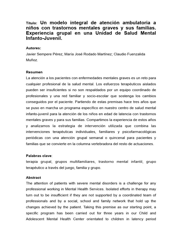 Un Modelo Integral de Atención Ambulatoria A Niños Con Trastornos Mentales Graves y Sus Familias ...