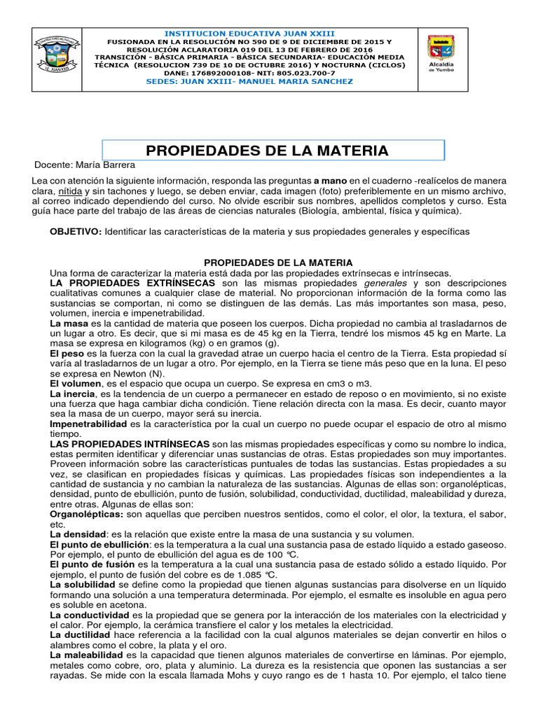 Guia Taller Propiedades Intrinsecas e Extrisecas de La Materia Quimica6 ...