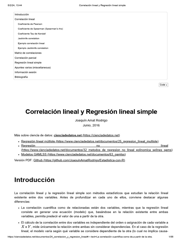 Correlación Lineal y Regresión Lineal Simple | PDF | Regresión lineal | Análisis de regresión