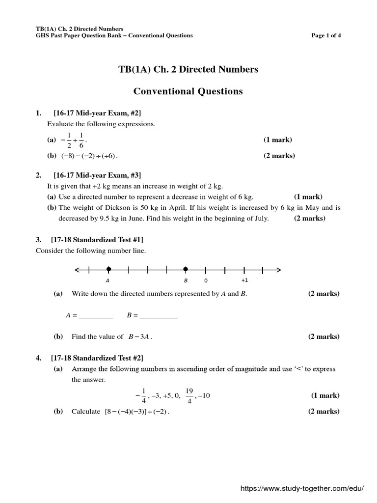 Good Hope School 16-21-1A Ch.2 Directed Numbers CQ | PDF