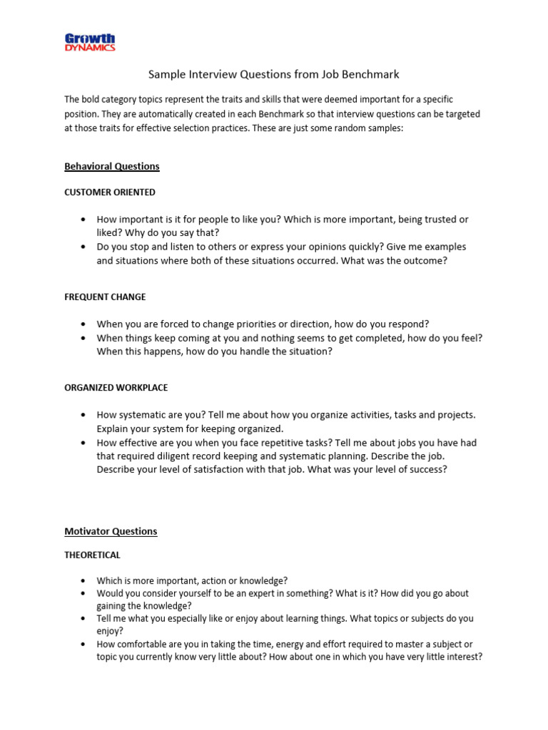 Sample Interview Questions From Job Benchmark | PDF | Psychological ...
