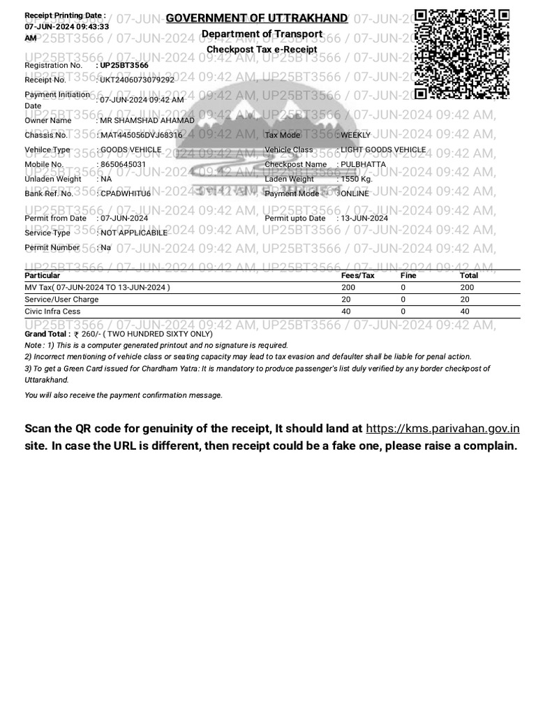 Uttarakhand Border Tax Receipt UP25BT3566 | PDF | Payments