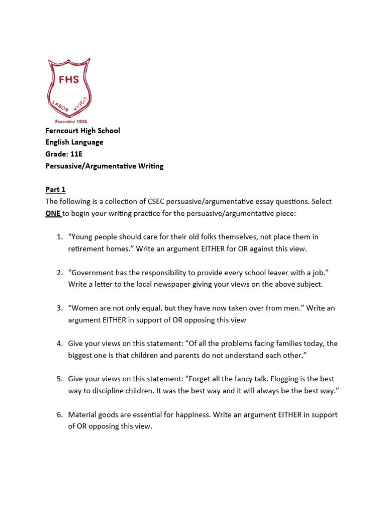 CSEC Persuasive-Argumentative Essay Questions | PDF