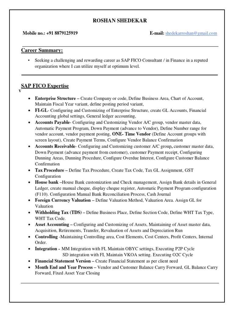 Resume - ROSHAN - SAP FICO - Freasher | PDF | Payments | Banks