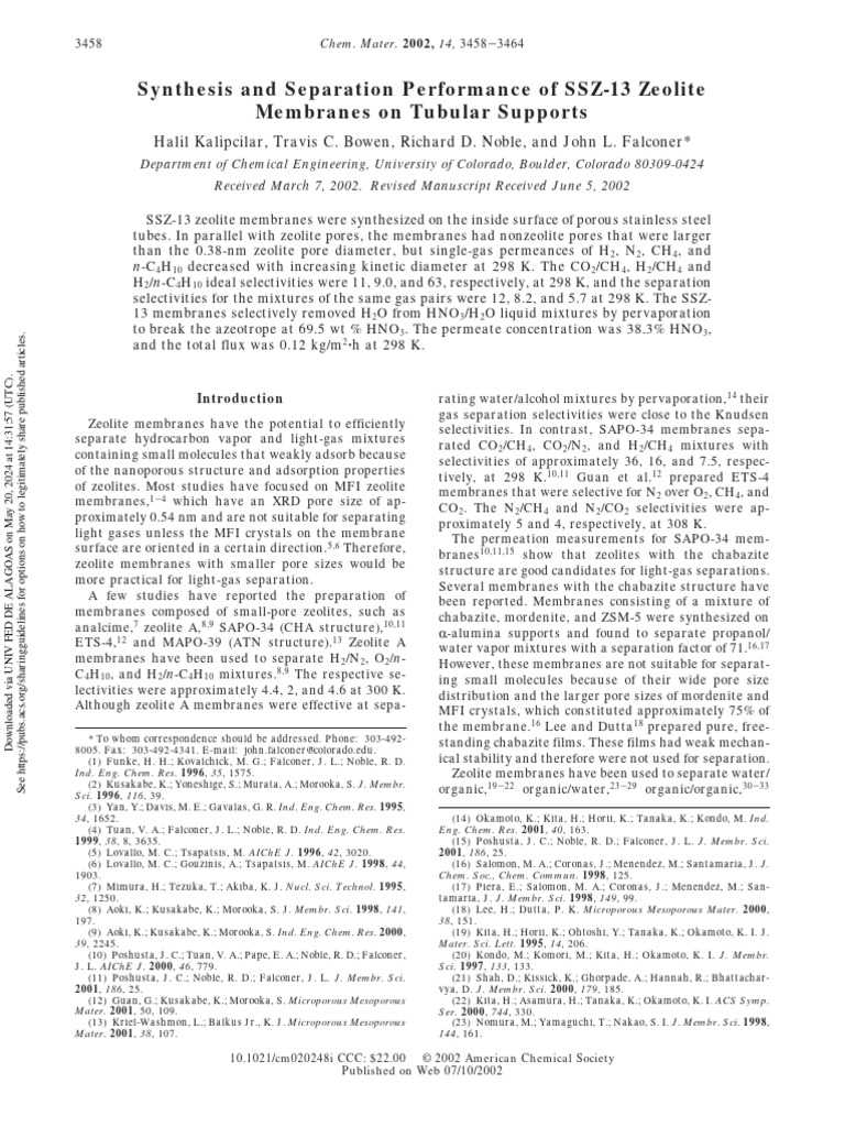 Kalipcilar Et Al 2002 Synthesis and Separation Performance of SSZ 13 Zeolite Membranes On ...
