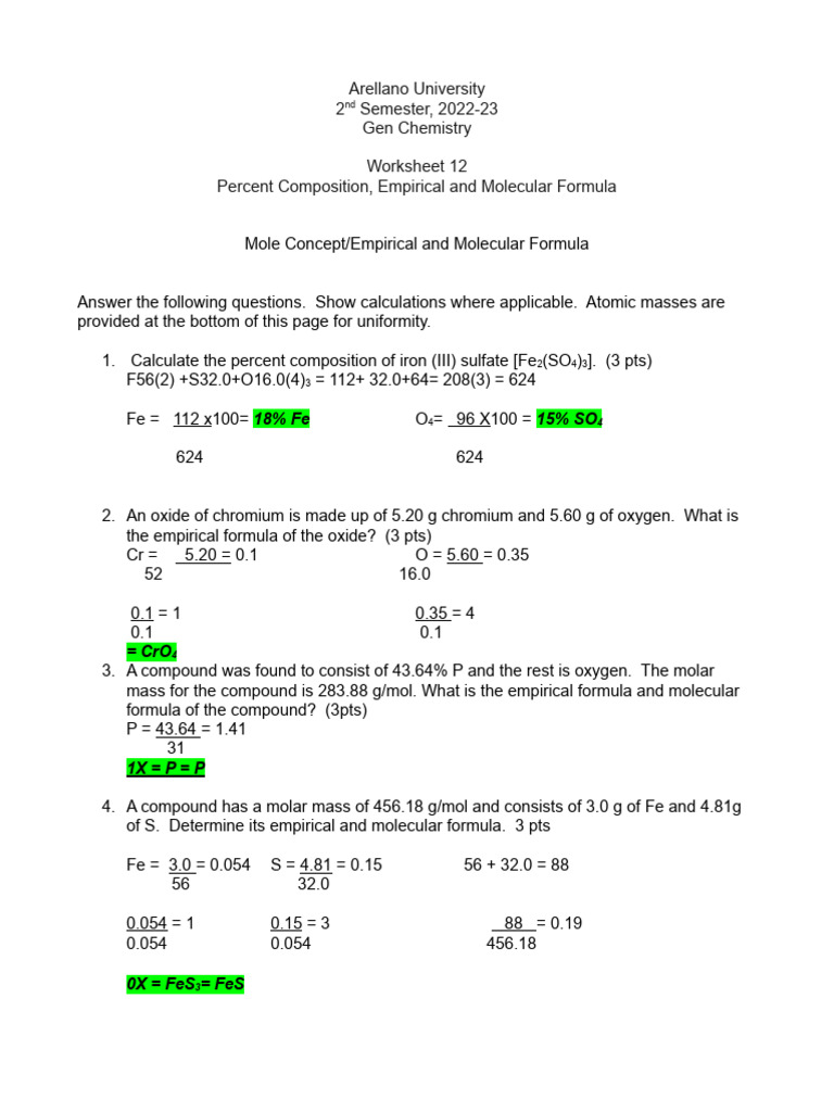Worksheet 12. Empirical and Molecular Formula | PDF