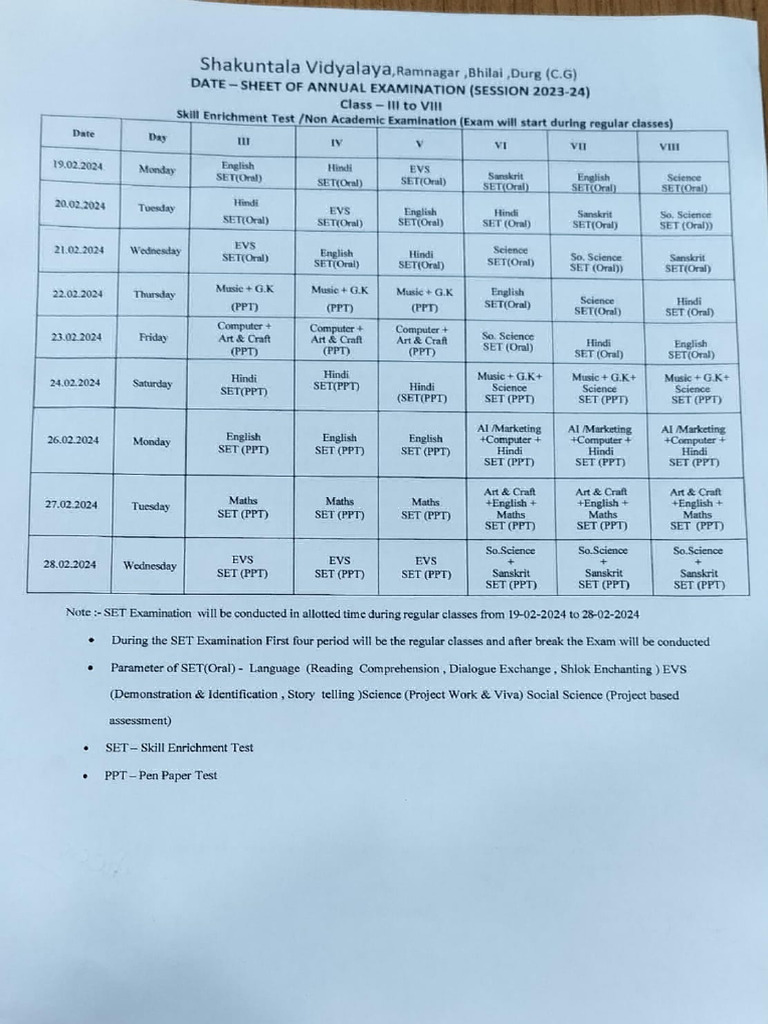 Date Sheet Annual Examination Classess III To VIII | PDF