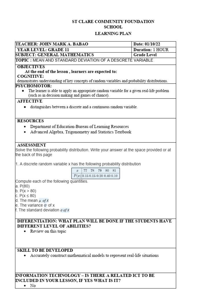 SLP in Statistics and Probability 11 Lesson 2 | PDF | Variance ...