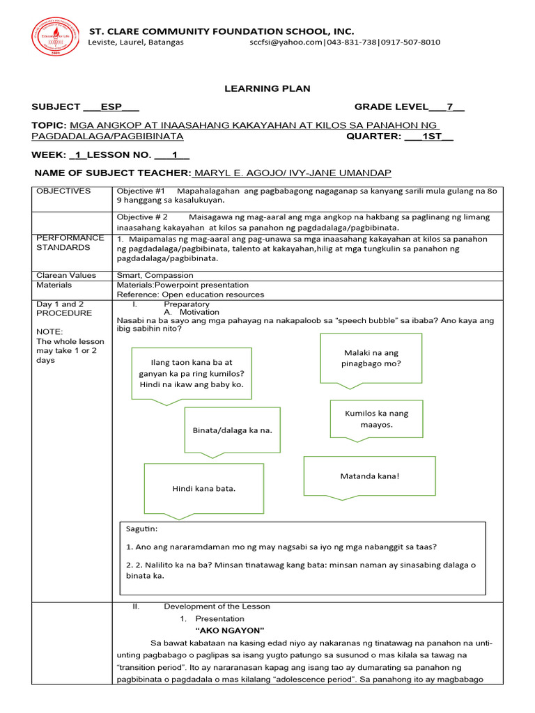 Learning-Plan-Esp-7-Lesson 2 | PDF