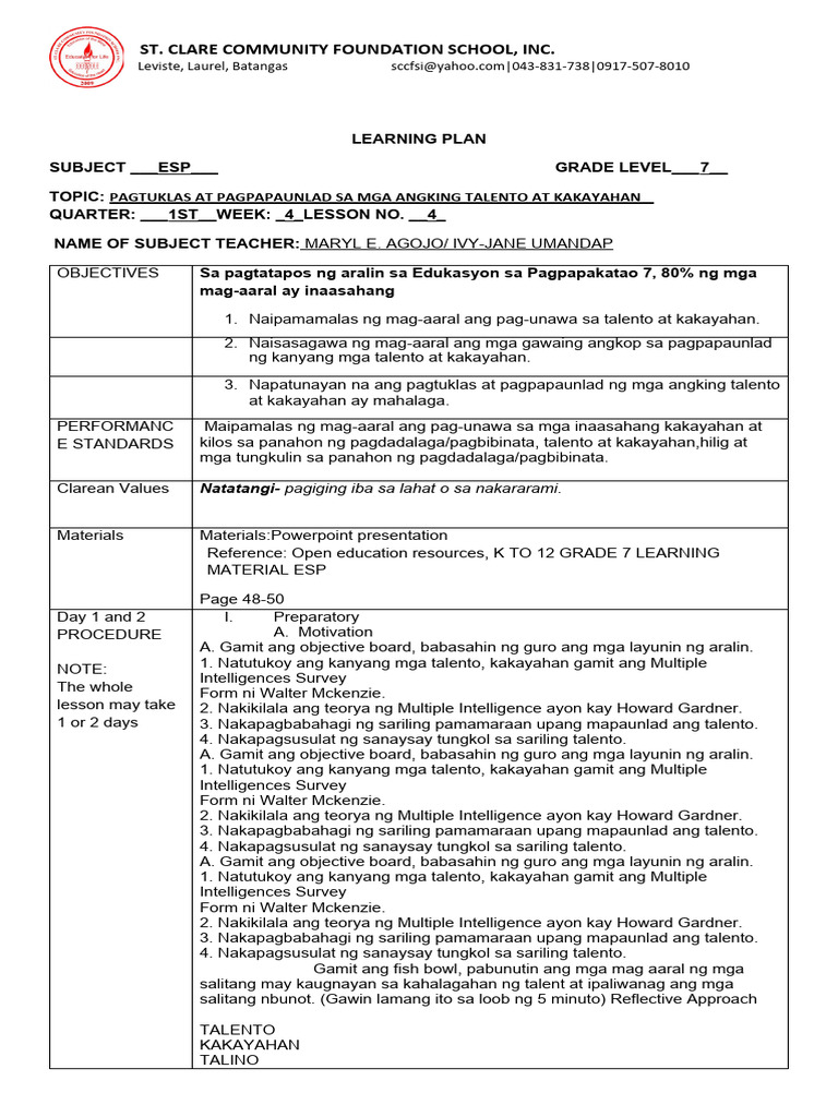 Learning Plan Esp 7 Lesson 4 | PDF