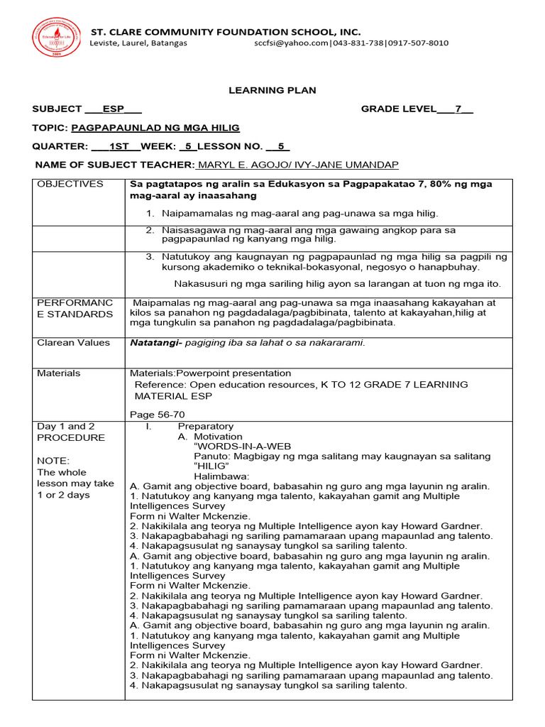 Learning Plan Esp 7 Lesson 5 | PDF