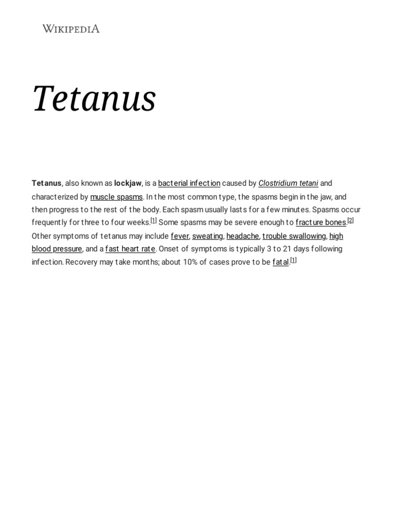 Tetanus - Wikipedia | Download Free PDF | Medical Specialties