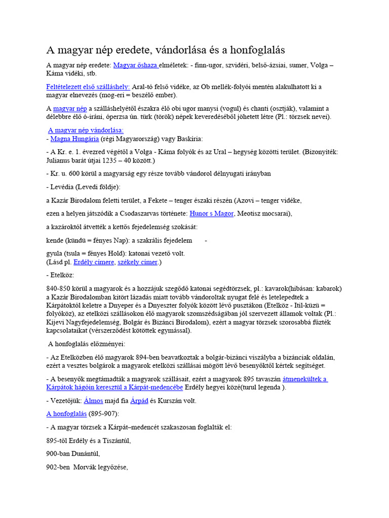 A Magyar Nép Eredete, Vándorlása És A Honfoglalás | PDF