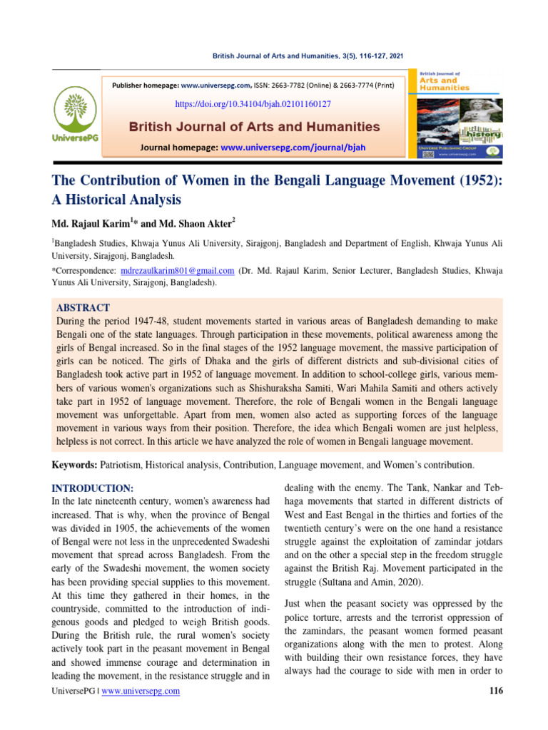 The Contribution of Women in The Bengali Language Movement (1952) : A ...