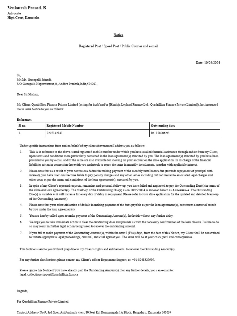 Guttapalli Srinadh Notice | PDF | Loans | Private Law