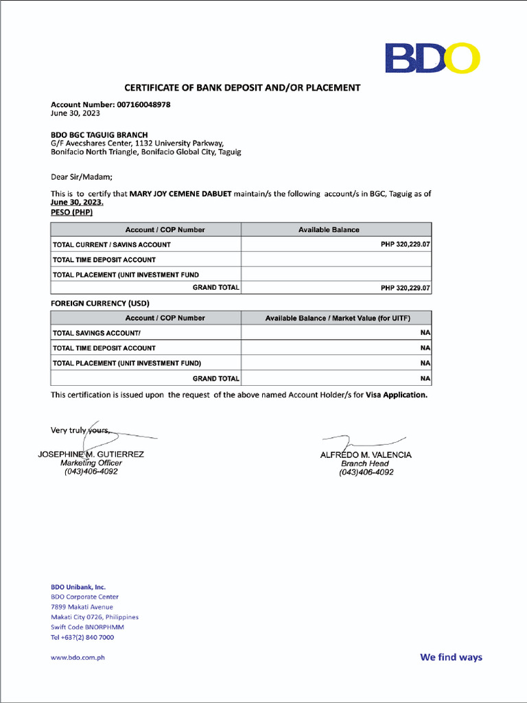 BDOBankCertificate (1) 2023 | PDF