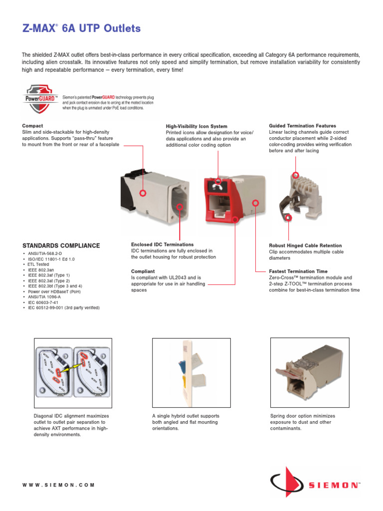 Siemon Z Max 6a Utp Outlets - Spec Sheet | PDF | Electrical Connector ...