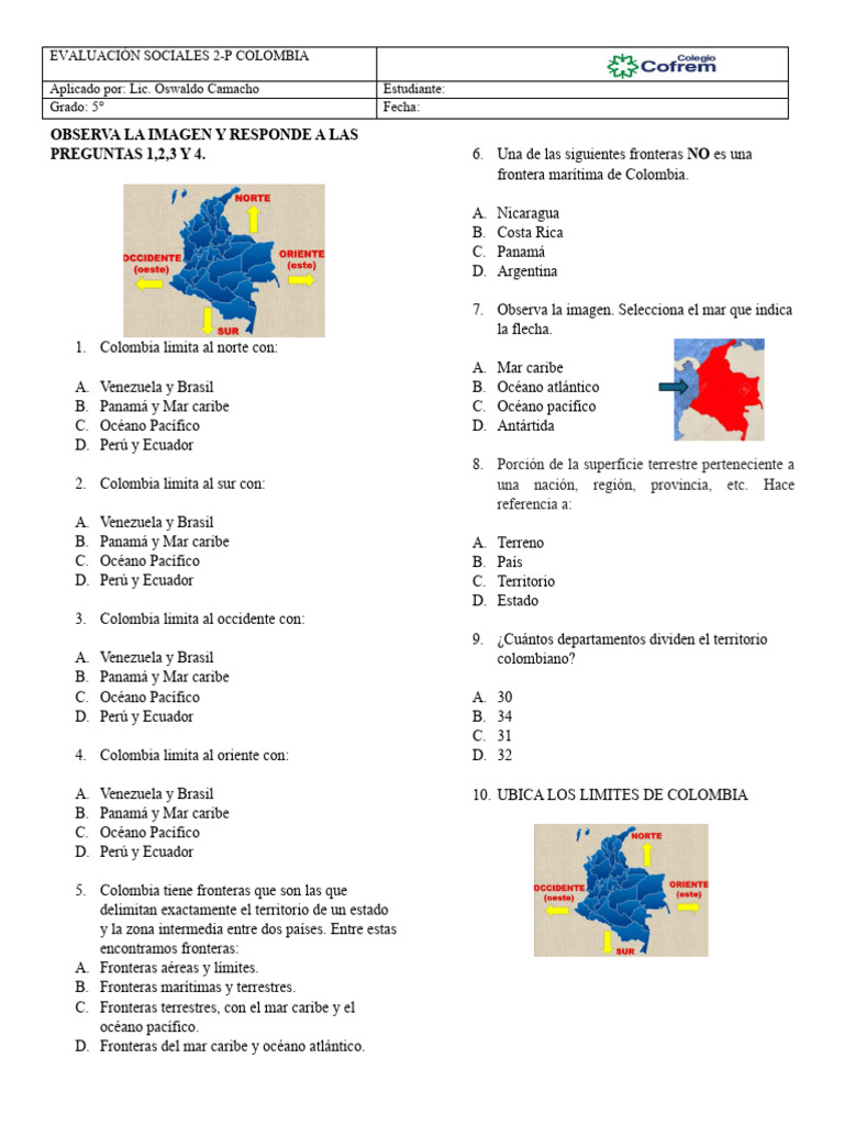 Evaluación Sociales 2-p Colombia | PDF | océano Atlántico | Colombia