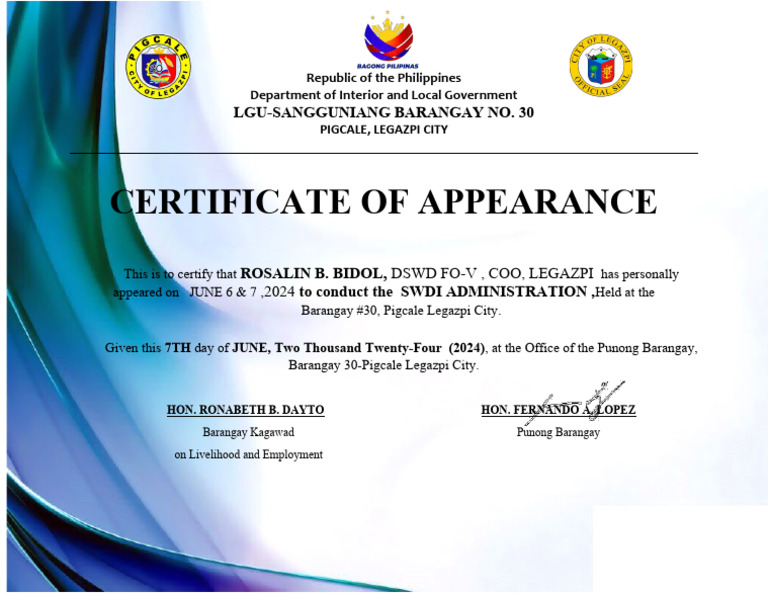Cert. Appearance DSWD | PDF