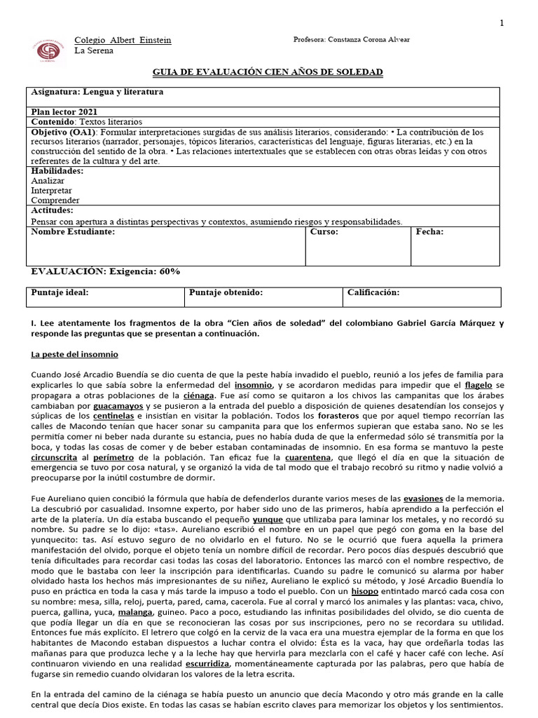 Guía Evaluada Cien Años de Soledad | PDF