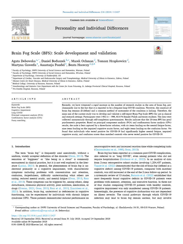 Brain Fog Scale Development and Validation | PDF | Self-Improvement ...