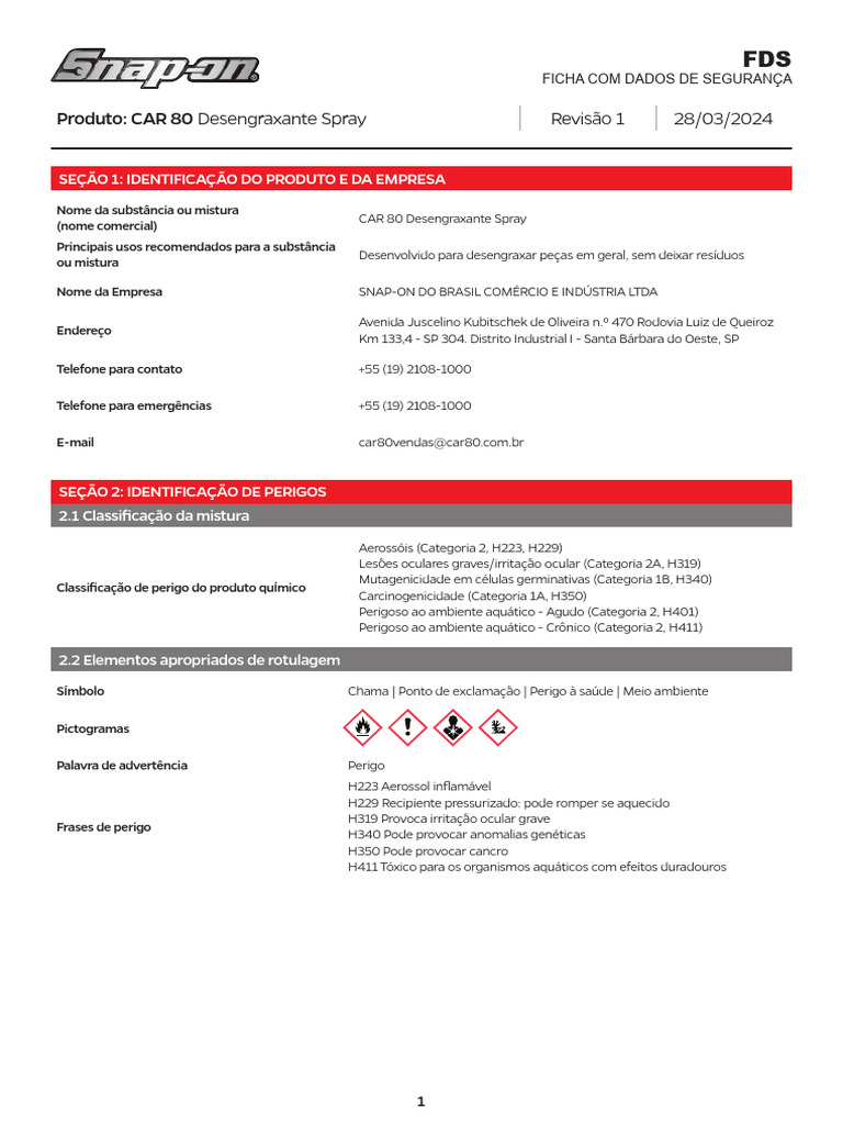 FDS 2024 Car 80 Desengraxante Spray | PDF | Embalagem e rotulagem | Vapor
