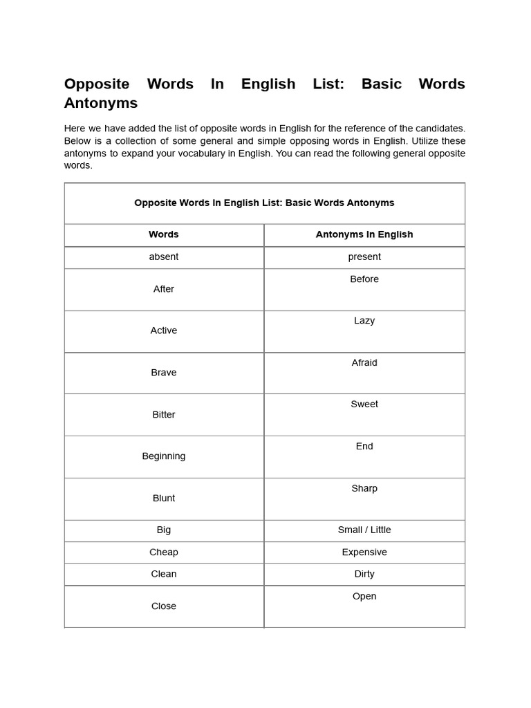 Opposite Words in English List: Basic Words Antonyms | PDF