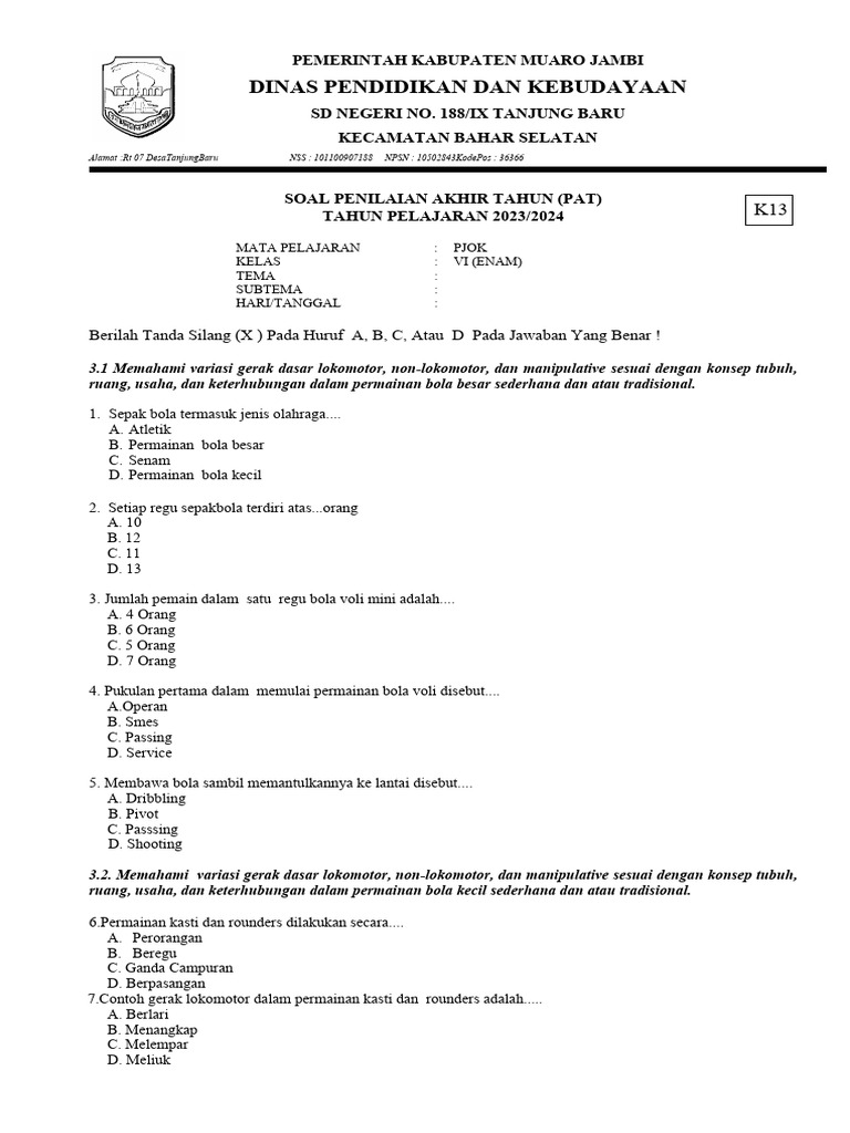 Soal Pat Pjok Kelas 6 | PDF