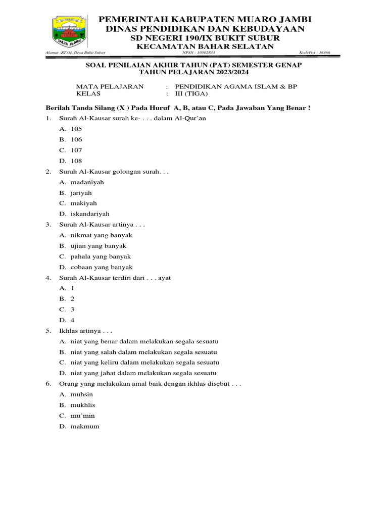 Soal Pat Pai Kelas 3 2024 | PDF