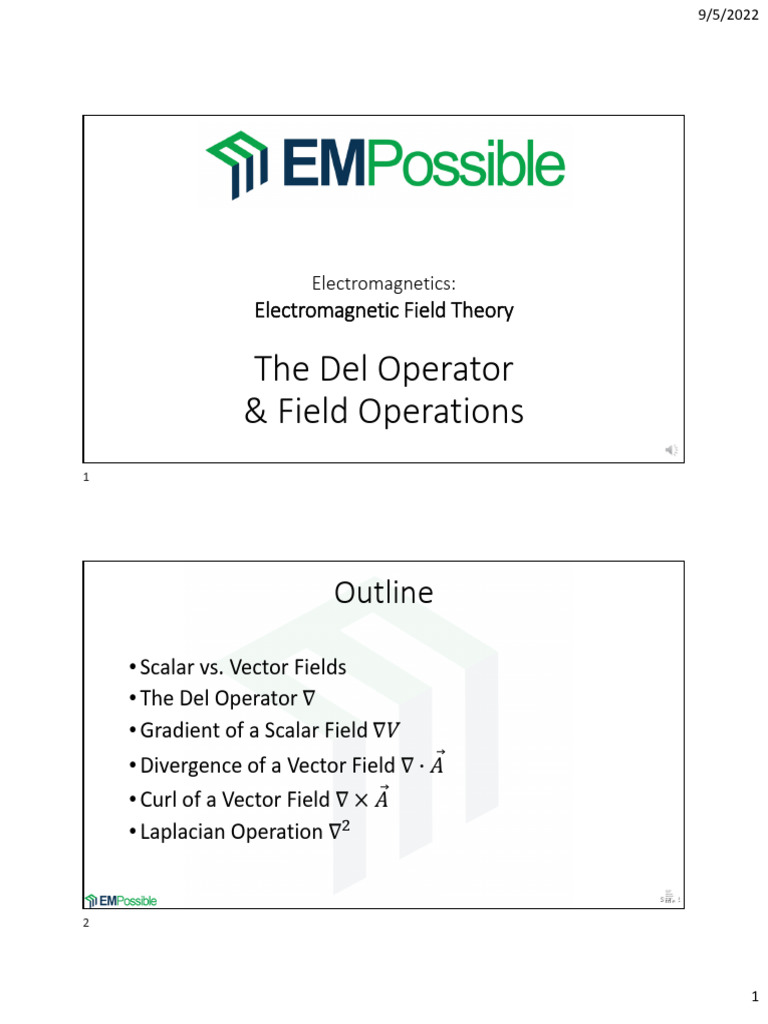 Lecture Del Operator Field Operations | PDF | Euclidean Vector | Gradient