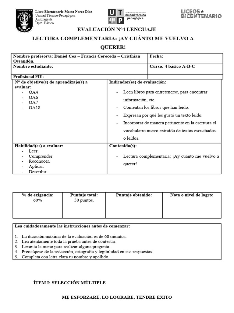 4 BÁSICO B EVALUACIÓN N°4 LENGUAJE LECTURA COMPLEMENTARIA- ¡AY CUÁNTO ME VUELVO A QUERER! | PDF