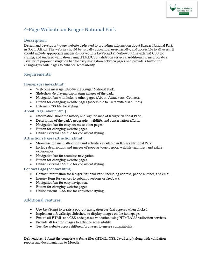 Kruger National Park Task | PDF | Websites | Html